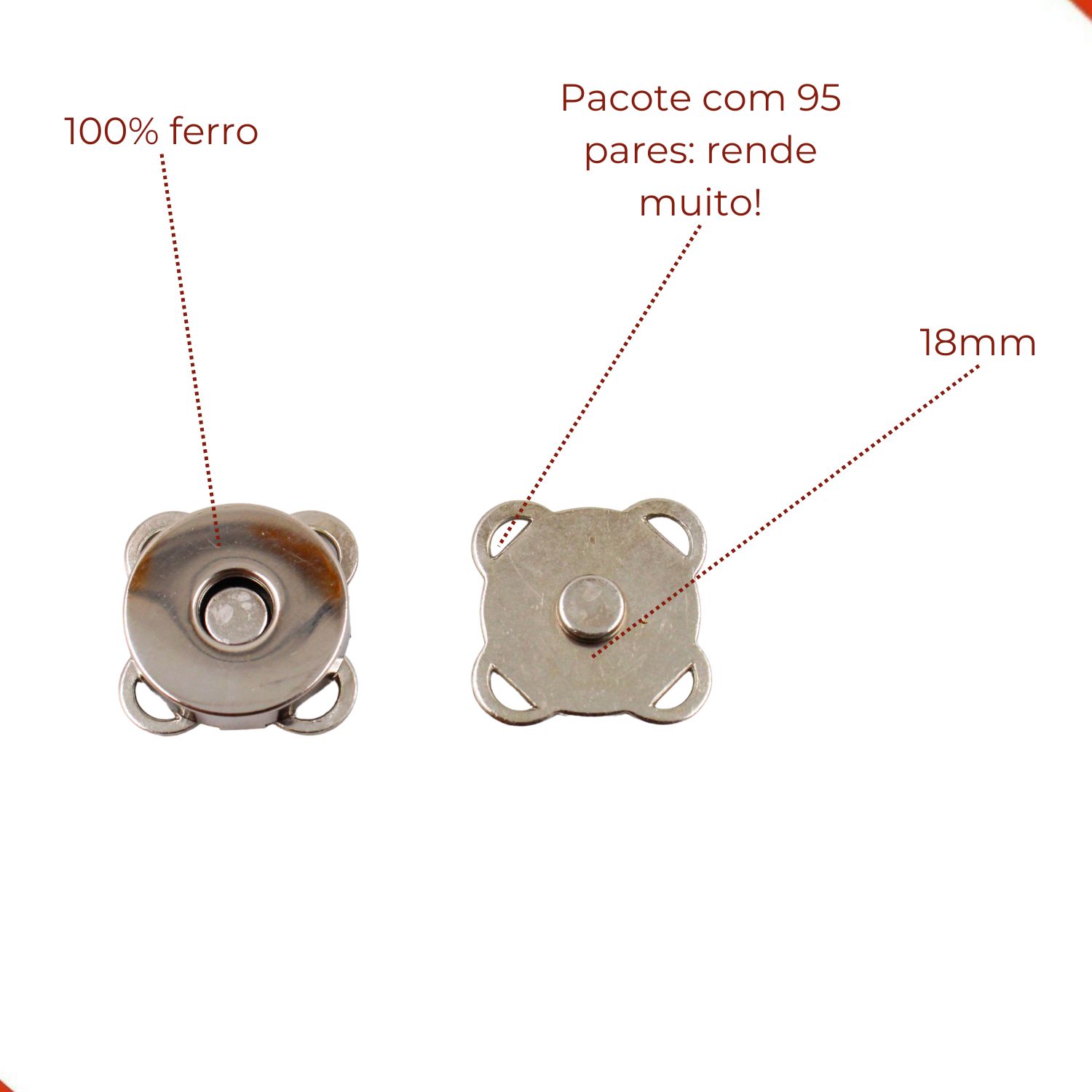 FECHO MAGNÉTICO PARA BOLSA 18MM EM FERRO COM 100 PARES